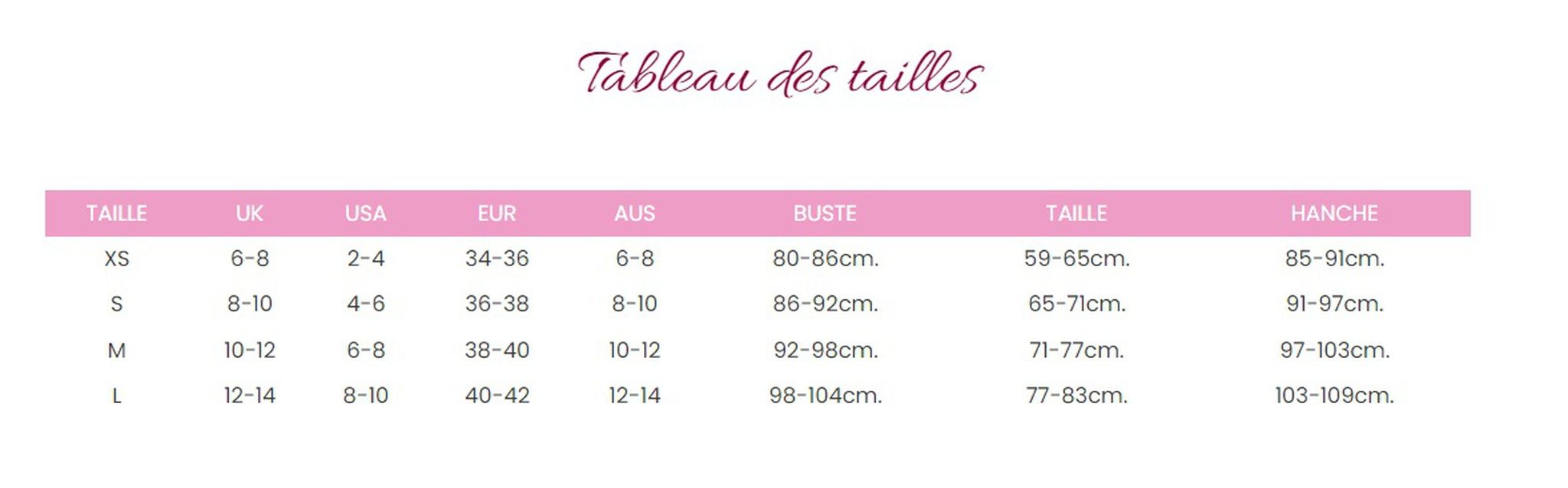 Tableau des tailles — Sarah Fleur
